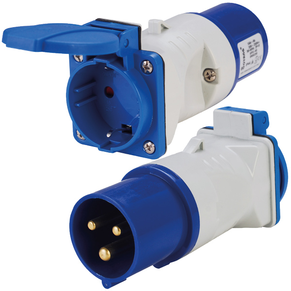 Adapter CEE han / Schuko hun m/stænktæt låg, 220V – Gudmann & Søn